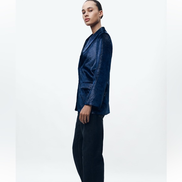 Zara | Jackets & Coats | Zara Navy Blue Velvet Blazer Zw Collectionnwt ...